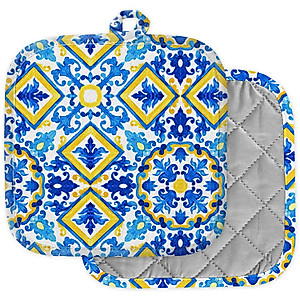 [Pack of 2] Pot Holders for Kitchen, Washable Heat Resistant Pot Holders, Hot Pads, Trivet for Cooking and Baking ( Portuguese Azulejo Tiles Watercolor )