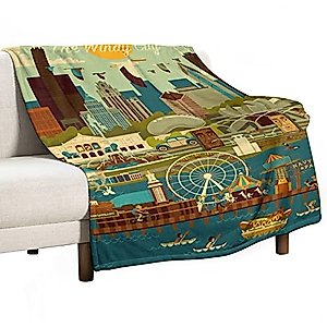 Vintage Chicago Art Blanket Throw Flannel Luxury Couch Comfortable Bed Warm Soft Fluffy Plush Fleece Blankets Living Room Sofa Bedroom Tapestry Decoration 50"x70"