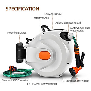 VANEPIC Retractable Garden Hose Reel 65 FT x 1/2 Inch Any Length Lock Hose Reel, Automatic Slow Rewind System, Wall Mounted and 180 Deg Swivel Bracket for Garden Watering and Car Washing