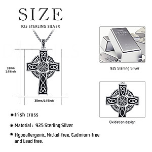 Midir&Etain Celtic Cross Necklace for Men Sterling Silver Irish Knot Celtic Cross Necklace Black Pendant Crucifix Necklace Jewelry Gifts for Men Women