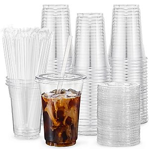 VITEVER [100 Sets - 16oz] Plastic Cups with Lids and Straws, Disposable Cups for Iced Coffee, Smoothie, Milkshake, Cold Drinks - Clear