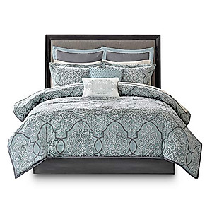Madison Park Lavine Cozy Bed in a Bag Comforter Set, Traditional Luxe Jacquard Design All Season Down Alternative Bedding with Cotton Bed Sheets, Bed Skirt & Pillows, Queen Blue 12 Piece
