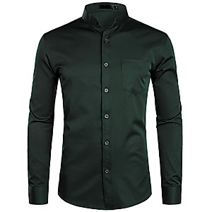ZEROYAA Men's Banded Collar Slim Fit Long Sleeve Casual Button Down Dress Shirts with Pocket ZLCL09 Deep Forest Green Large