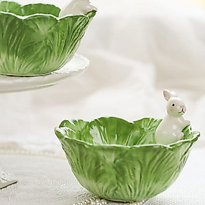 ERINGOGO Green Bunny Bowl Plate Set Ceramic Fruit Bowl, Cabbage Shaped Salad Bowl for Food Spring Party Easter Dinnerware