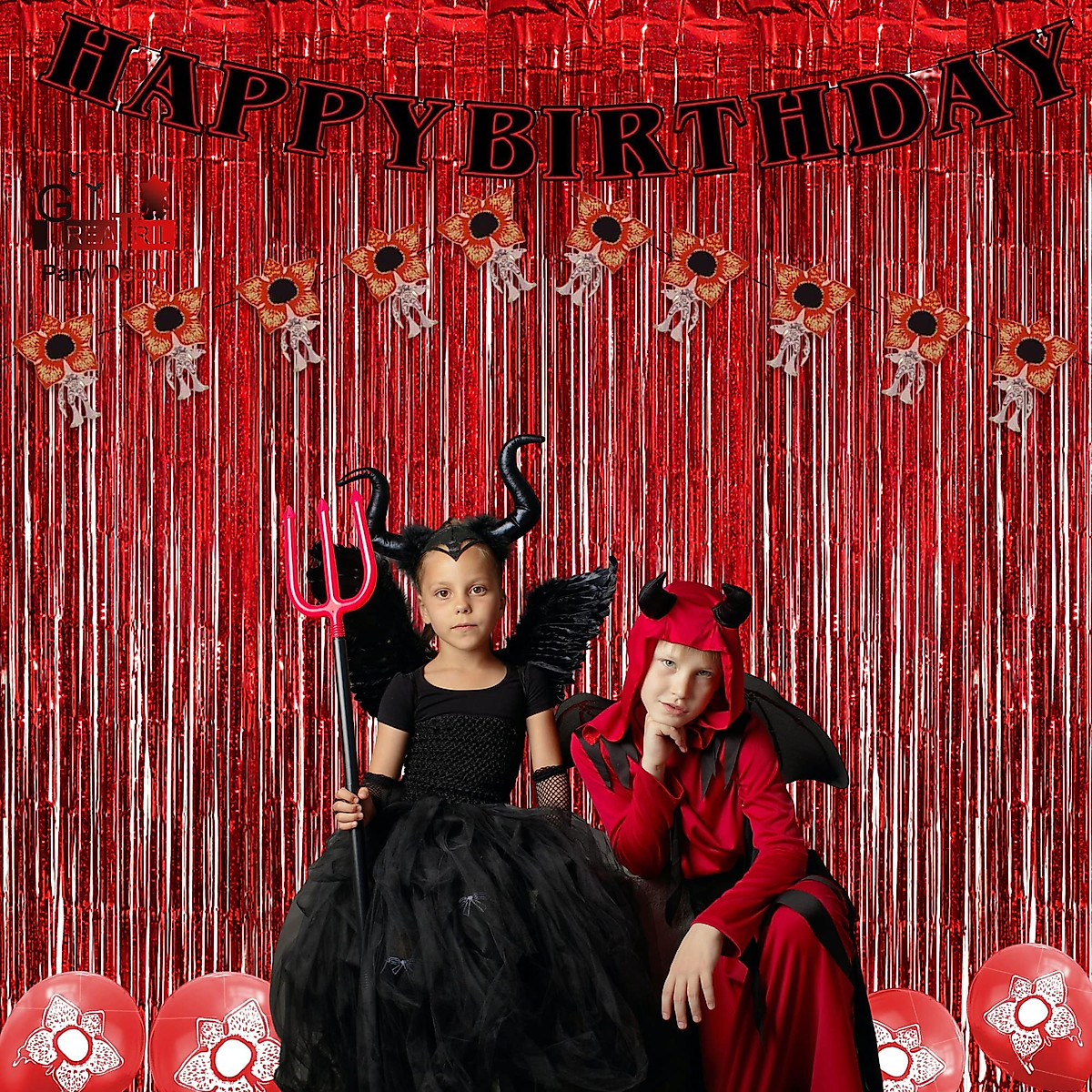 Red Fringe Curtains Party Streamers Backdrop - GREATRIL Foil Tinsel Curtain Cortinas para Fiestas Decoracion Backdrop for Stranger Theme Party Christmas Valentines Day Party 2-Pack