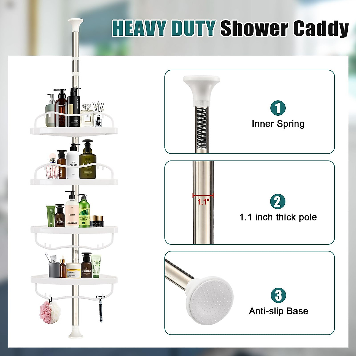 HOSKO Shower Caddy Tension Pole, 4-Tier Adjustable Tension Rod Shower Caddy Corner, Rustproof Shower Organizer Corner Shelf 54 to 114 Inch