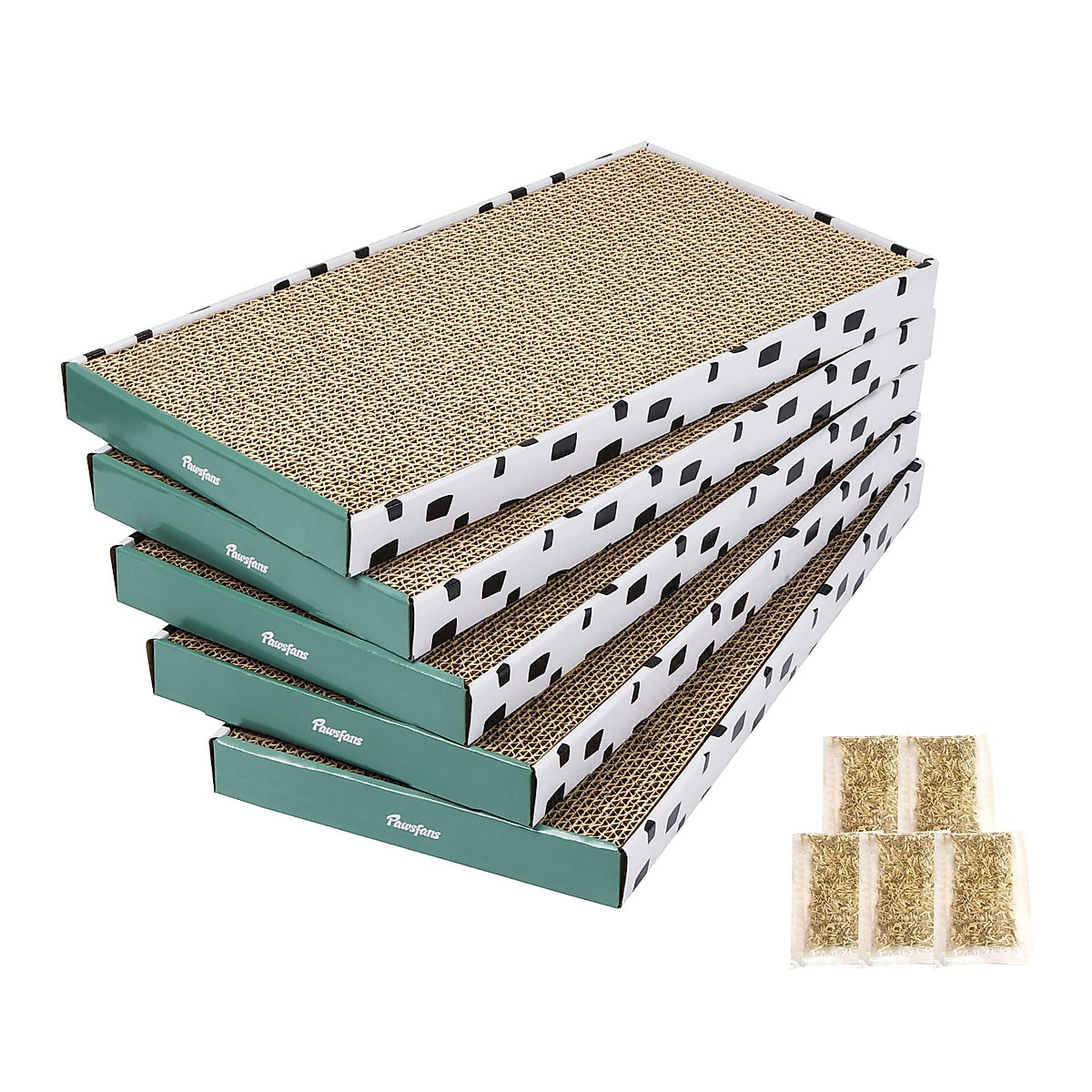 PAWSFANS Cat Scratcher Cardboard Scratch Pad with Box Durable Corrugate Scratching Board Kitty Sofa Lounge Bed Reversible Catnip Included for Indoor Cats,Large (Box, 5pcs)