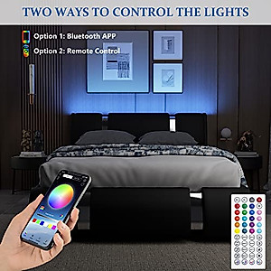 Modern Full Size LED Bed Frame, Upholstered Platform Bed Frame with Adjustable Headboard, Wooden Slats Support, No Box Spring Needed, Black