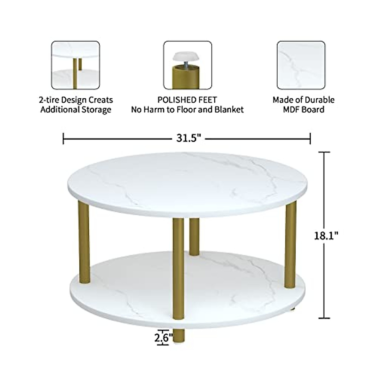 Round Coffee Table for Living Room，31.5’’ 2 Tier Modern Gold Coffee Table with Open Storage Shelf,Gold Metal Legs and White Faux Marble Table Top
