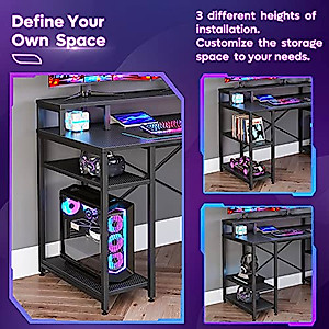Bestier Gaming Desk with Monitor Shelf, 55 inches Home Office Desk with Open Storage Shelves, Writing Gaming Study Table Workstation for Small Space, Carbon Fiber