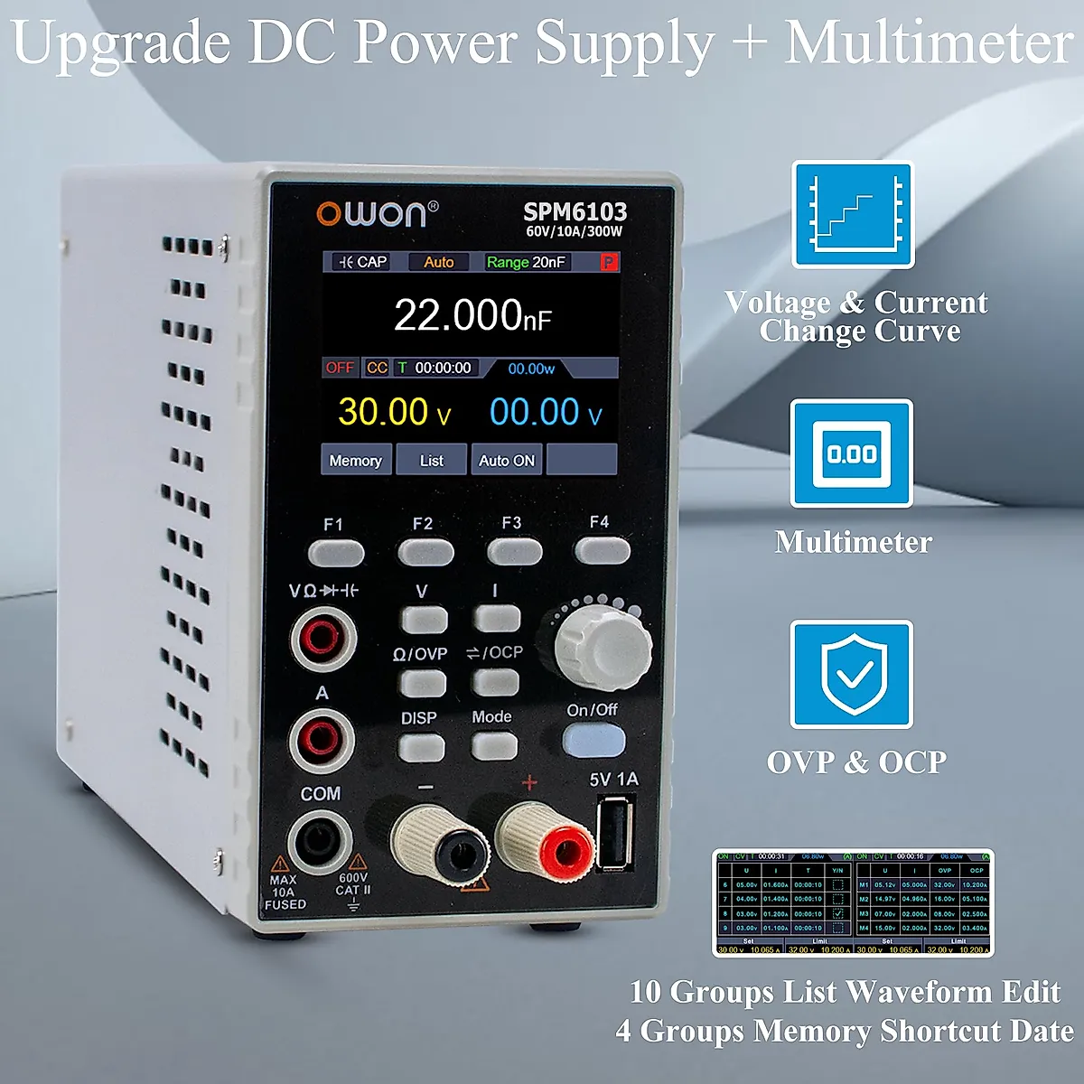 OWON SPM6103 DC Power Supply with Multimeter 2 in 1 Function 4 1/2 Digits Multimeter 10mV/1mA Resolution Power Supply with 2.8 inch LCD(60V/10A/300W)