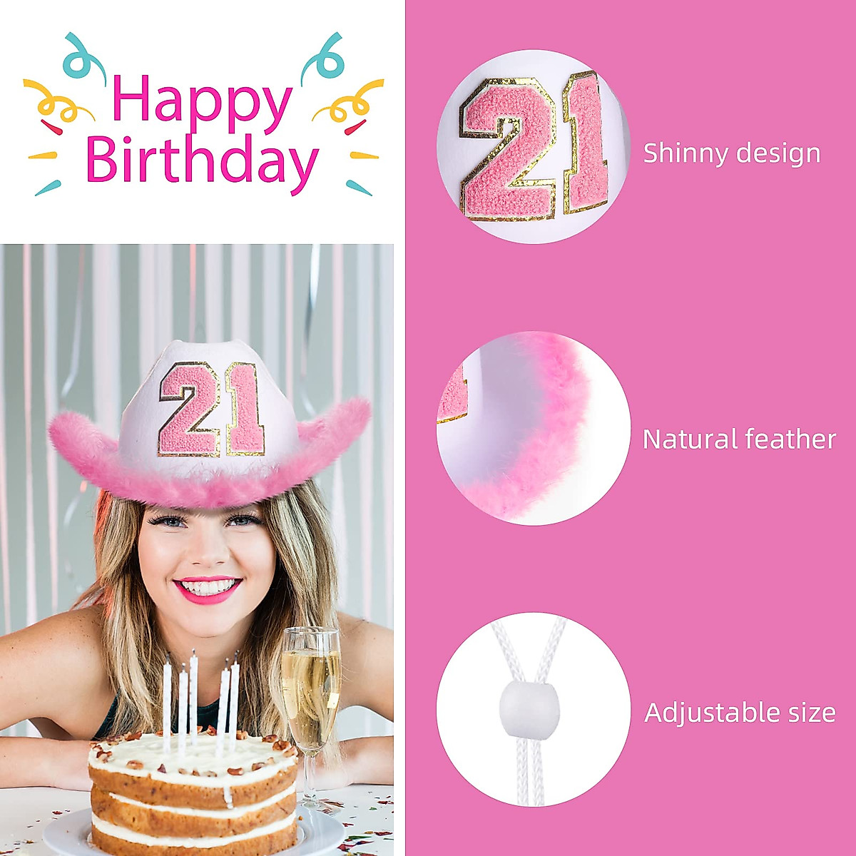 JUSTOTRY 21st Birthday Pink Cowboy Hat - 21ST Birth day Outfit Gifts for Women Cowgirl Hats with Wide Brime for 21st Birthday Decorations