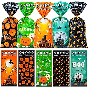 RICEDUO Halloween Cellophane Bags,100PCS Halloween Candy Cookie Treat Bags with 100 Piece Twist Ties for Halloween Party Favor Supplies, 5 Assorted Styles