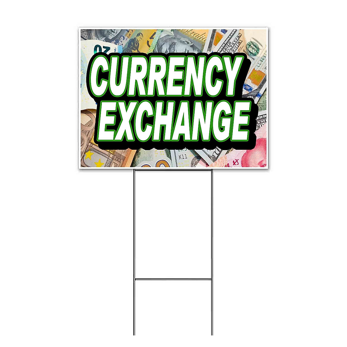 Currency Exchange (18" x 24") Yard Sign, Quantity Discounts, Multi-Packs, Includes Metal Step Stake, Bandit, New, Advertising, USA