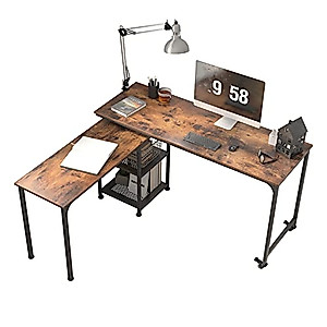 Need Mobile Computer Desk with Storage Shelves L-Shaped Rotating Corner Desk Home Office Desk Study Writing Desk with Wheels 55 Inches, Retro