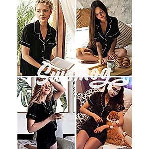SWOMOG Women's Button Down Pajama Set V-Neck Short Sleeve Sleepwear Soft Pj Sets S-XXL A- Black