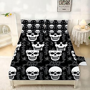 VTKON Skull Sheets Set Gothic Sheets Halloween Bed Sheets Full Black Skull Bedding Set for Kids Boys Women Goth Bedding Set with 1 Fitted Sheet + 1 Flat Sheet + 2 Pillowcases