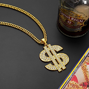 HUITIAN INTL Gold Chain with Dollar Sign Big Money Necklaces for Men Women Stainless Steel Rhinestone Jewelry Fashion Pendants with 28 Inches Cuban Chain (Gold)Spinner Dollar Sign Necklaces 36 Inches