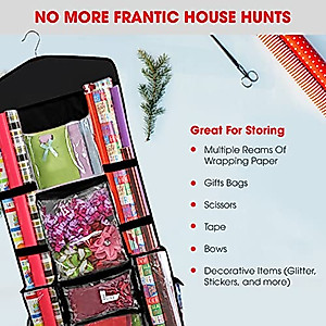 Hanging Gift Wrapping Paper Storage Organizer Bag, Double Sided Multiple Front & Back Pockets Organize Your Gift Wrap, Gift Bags Bows Ribbons 40"X17" Fits Long 40 Inch Rolls Clear PVC Bag (Full Black)