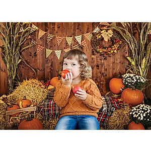 AIIKES 8x6FT Fall Thanksgiving Photo Backdrop Rustic Wood Board Barn Harvest Photography Background Autumn Pumpkin Leaves Flower Baby Birthday Portrait Party Decoration Photo Studio Booth Props 11-741