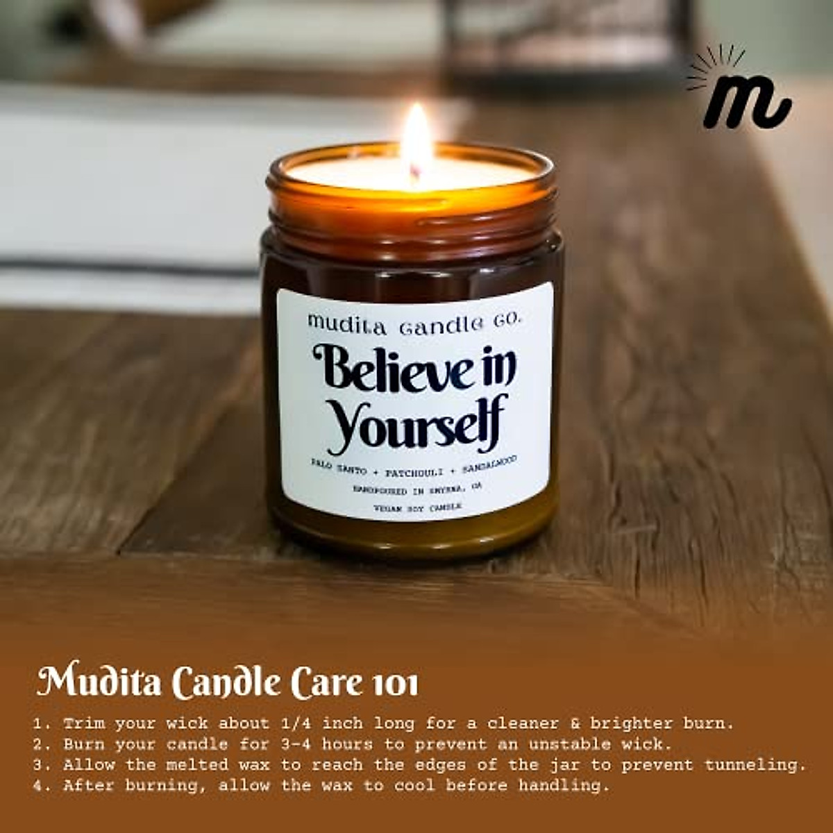 All Natural Vegan Soy Candles - Aromatherapy Candles for Home, Bathroom, Office - 70-80 Hours Long Burning Luxury Candle - Palo Santo, Patchouli, Sandalwood Scent by Mudita - Believe in Yourself