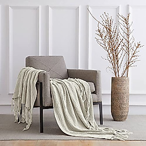 Longhui bedding Cream Fringe Knit Cotton Throw Blanket, 50 x 60 Inches Decorative Knitted Cover with 6 Inches Tassels, Lightweight Couch Blanket, Beige