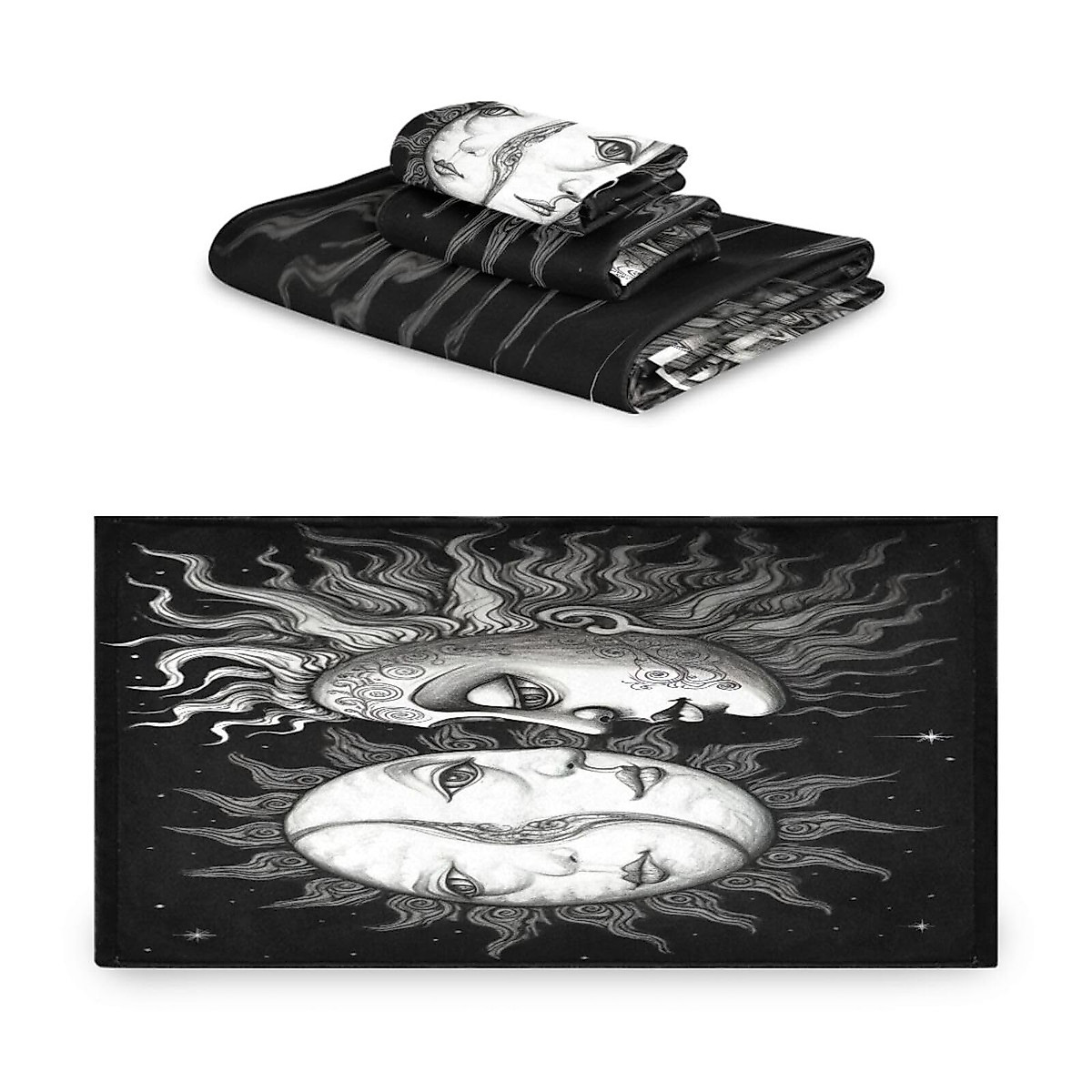 Flradish Sun and Moon Towels 3 Pack Bath Towels for Bathroom Set Soft Cotton Highly Absorbent Lightweight & Quickdry Towel Set 1 Bath Towel,1 Hand Towel,1 Washclothe