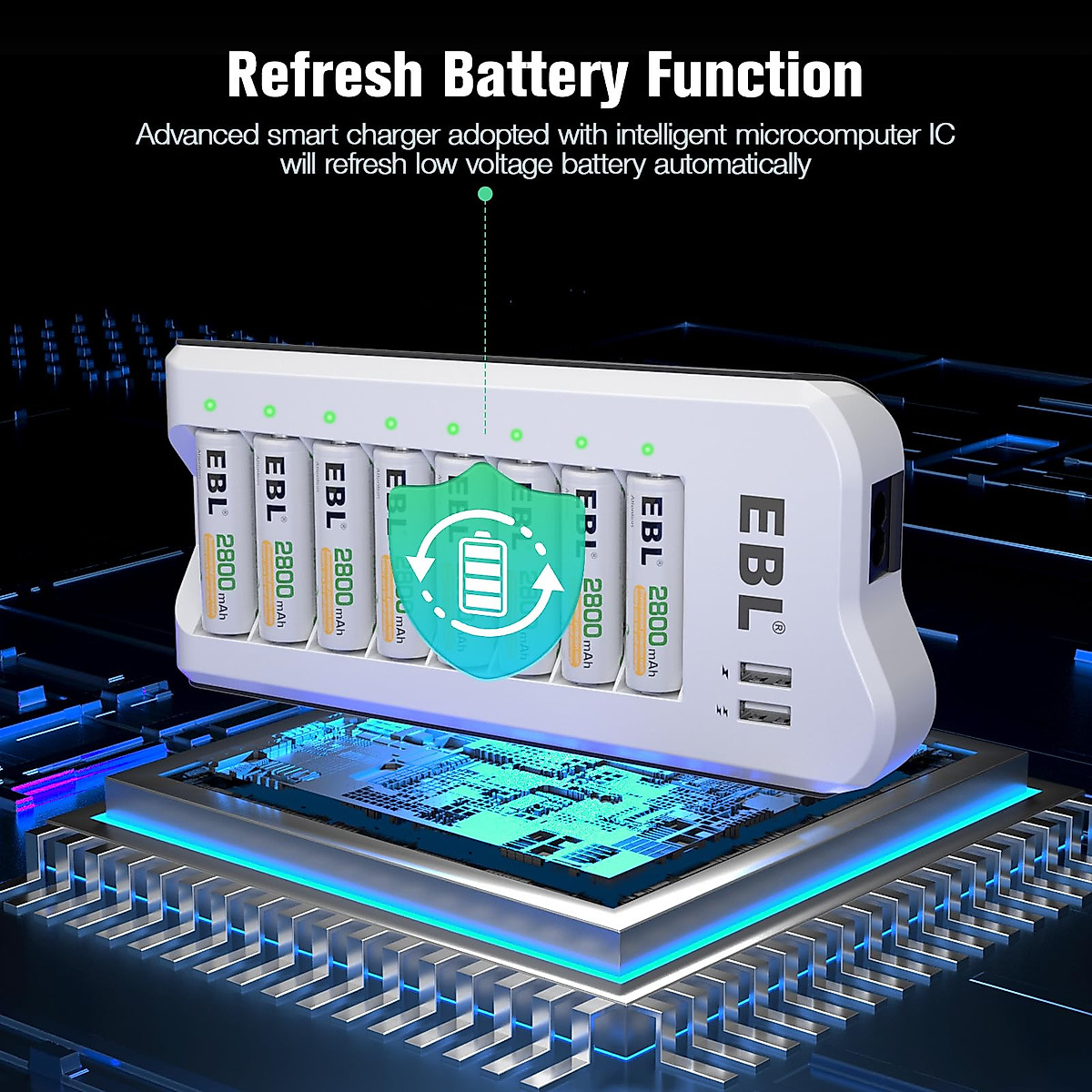 EBL AA AAA Battery Charger, 8 Slot Independent Charger for NiMH NiCD Rechargeable Batteries with 2 USB Fast Charging Ports