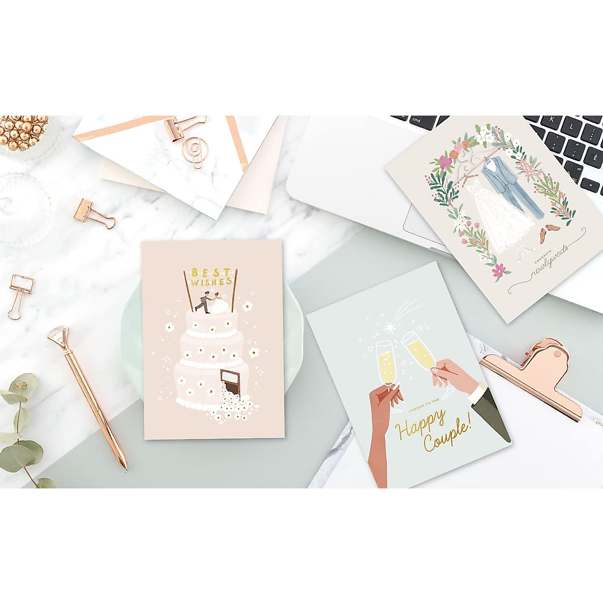 Wedding Cards for the Bride and Groom with Envelopes 5”x7”, Pack of 10 Assorted Cards, Blank Notes for Wedding Congratulations Card Bridal Showers Engagement Parties, Chic Designs with Real Gold Foil