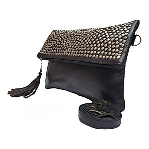 Leather clutch crossbody bag with studs decorated purse handmade leather handbag for women studded leather wallet (Black)