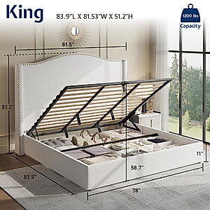 Jocisland Lift Up Storage Bed King Size, Upholstered Platform Bed Frame Tall Headboard with Wingback, Hydraulic Lifting Underneath/Wood Slats Support (White)