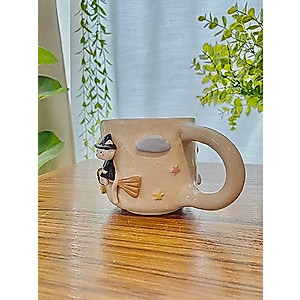 Witch cat on the broom wizard world, magic white Handmade ceramic cup, Hand-painted mug, Unique Surprise gift for Christmas or Birthday. Dishwasher and Microwave safe