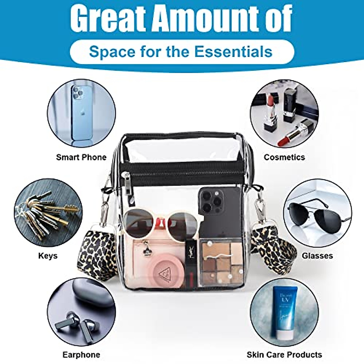 BEELIFY Clear Bag Stadium Approved Purse, Clear Crossbody Bag for Stadium, Concerts, College Games
