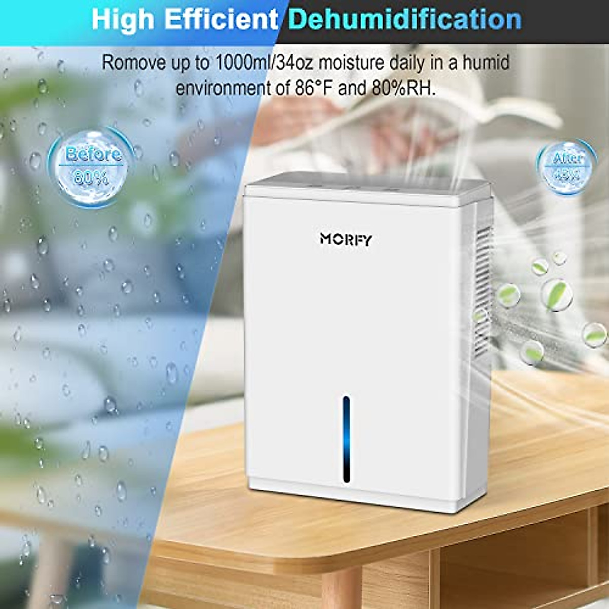 MORFY Dehumidifiers for Room Bedroom, Upgraded version 85 OZ Dehumidifiers, 6800 Cubic Feet(700sq ft) Small Dehumidifiers for Room with Drain Hose and Auto Shut Off, Portable Quiet Dehumidifier for Bedroom Bathroom RV Laundry Room or Closet（Matte white）