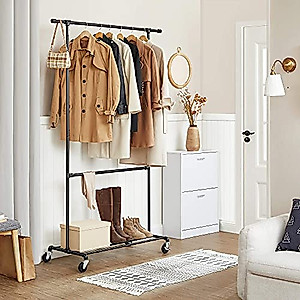 SONGMICS Clothes Rack, Industrial Double Rod Metal Clothing Rack for Hanging Clothes, Adjustable Middle Rod, with Wheels and Shelf, Heavy-Duty Commercial Display, Black UHSR62BK