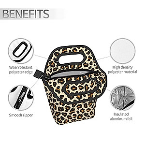 FUFUMALL Polyester Lunch Bags Thermal Insulated Lunch Box Tote with Zipper, Animal Leopard Print Brown Stylish Reusable Portable Lunchbox Food Container Picnic Bag Handbag for Outdoor Beach