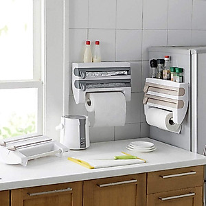 Multifunctional Storage Cutting Rack,4-in-1 Wall-Mount Sauce Bottle Storage Holder, Multi-Function Kitchen Plastic Wrap Cling Film Foil Dispenser with Spice Rack, Household Kitchen Tool Rack