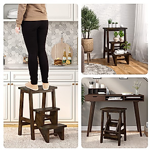 Giantex Folding 3 Tier Step Ladder, Multifunction 3-in-1 Wood Step Stool with Anti-Slip, Convenient Handle, Display Ladder and Storage Shelf for Library, Home Kitchen, Household Work, Garage (Brown)