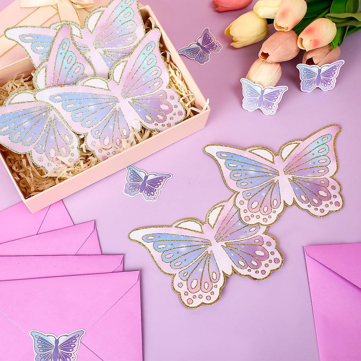 Hotop 24 Sets Mermaid Birthday Invitations with Envelopes and Mermaid Stickers Glitter Butterfly Invitations for Kids Birthday Party Baby Shower Mermaid Themed Party Supplies Pool Party (Butterfly)