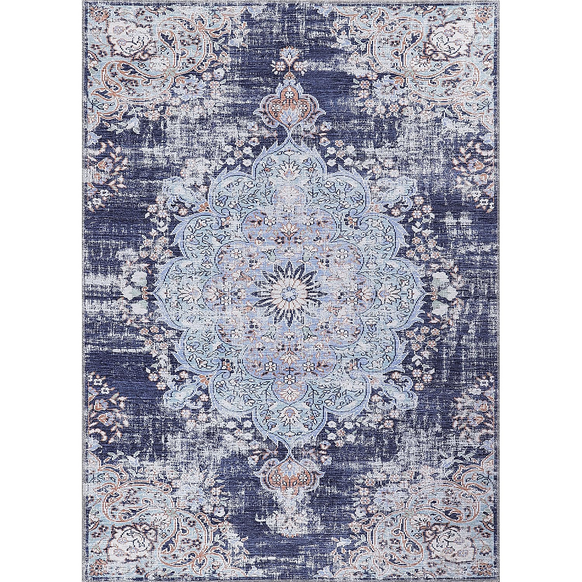 CAMILSON Machine Washable Area Rugs with Non Slip (Anti-Slip) Backing for Living Room Bedroom, Distressed Vintage Washable Rug 5x7, Stain and Water Resistant, Bohemian Indoor Carpet (5 x 7, Blue)