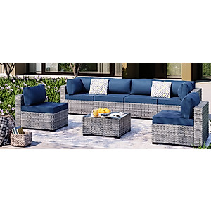 SUNLEI 7pcs Patio Conversation Sets Outdoor Furniture Sets, High Back All-Weather Rattan Sectional Sofa with Tea Table&Washable Couch Cushions(Silver Rattan) (Aegean Blue)