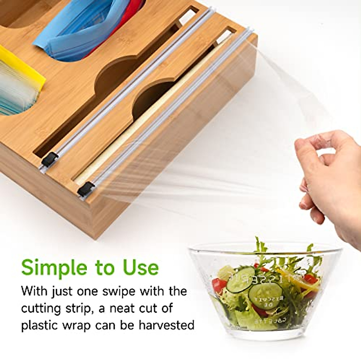 Hisrdomz Ziplock Bag Organizer with Dispensers & Cutters | 6 in 1 Bamboo Drawer Organizer for Ziplock Bags,Suitable for Gallon, Quart, Sandwich & Snack Bag, Cling Film, Aluminum Foil