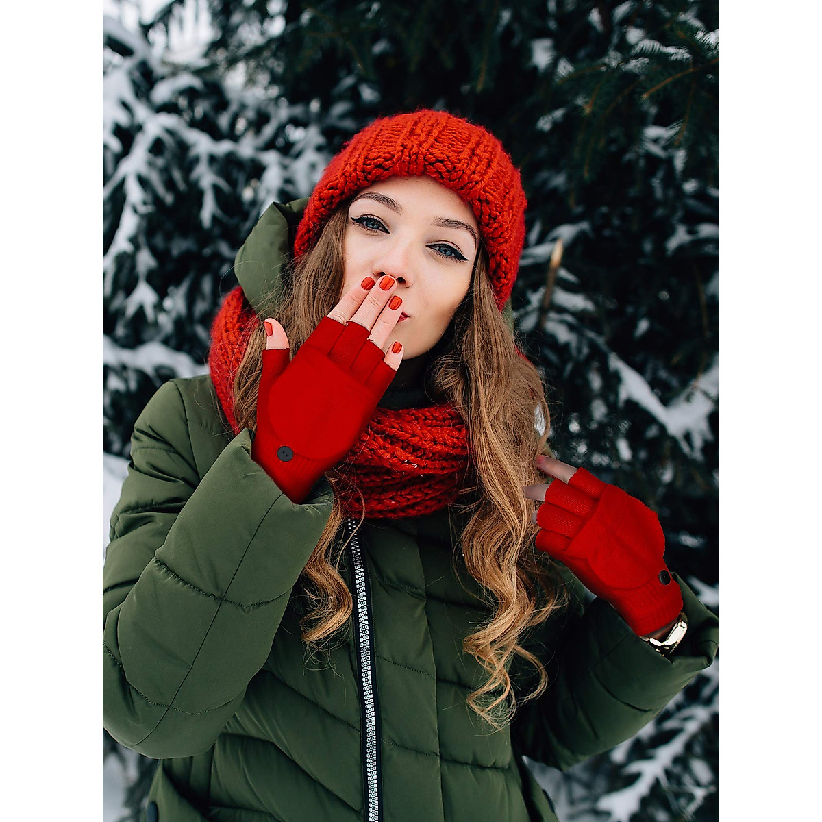 SATINIOR 6 Pairs Women Convertible Gloves Winter Flip Fingerless Mittens Thick Knitted Half Finger Gloves with Cover(Black, White, Gray, Rose Red, Red, Royal Blue)