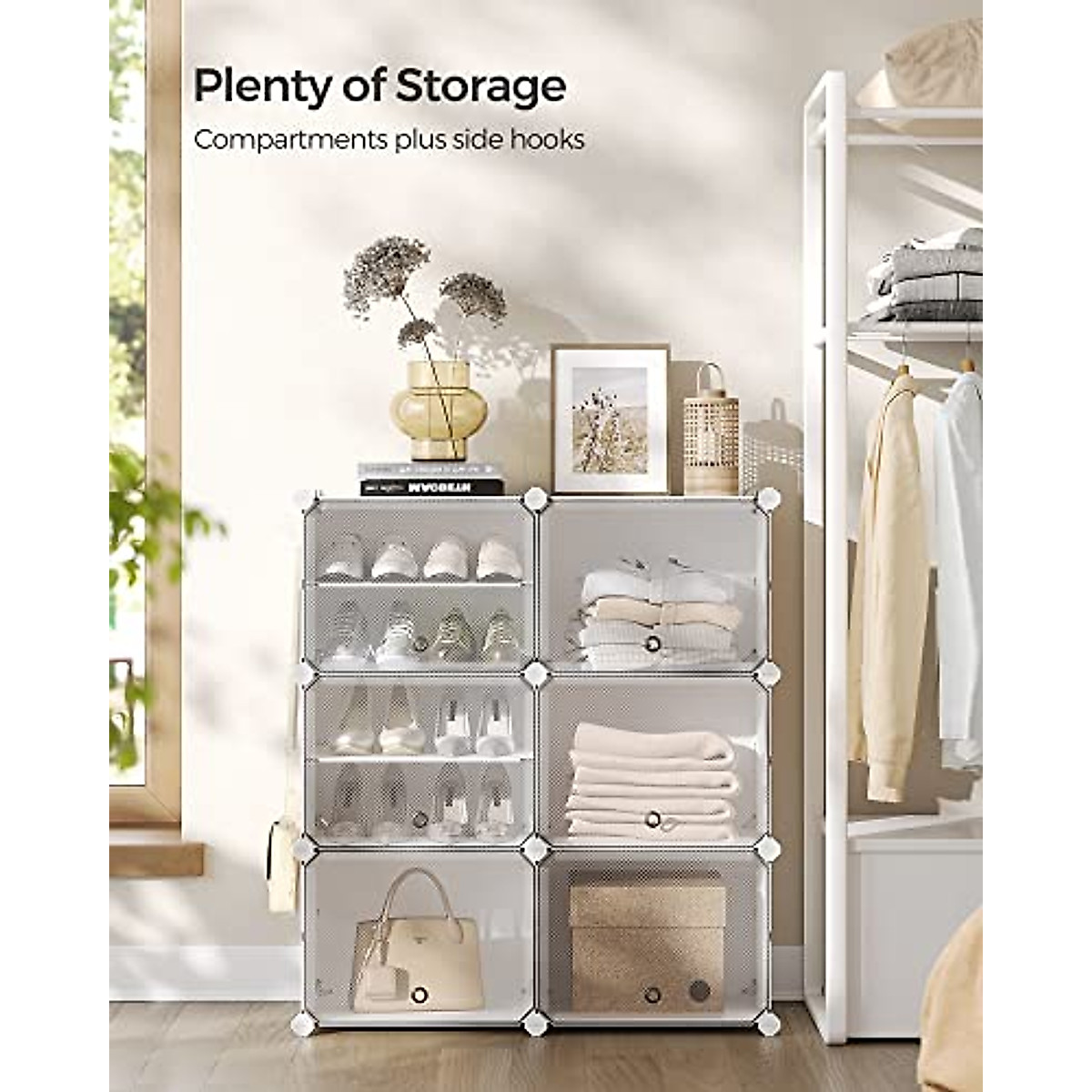 SONGMICS Interlocking Shoe Rack, Plastic Shoe Storage Cabinet, 6-Slot Modular Storage Organizer Unit, 11.8 x 15.7 x 11.8 Inches for Each Slot, with Doors, Steel Frame, Plastic Panel, White ULPC033W01
