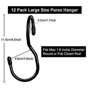 12 Pack Purse Hanger for Closet,Unique Twist Design Bag Hanger Purse Hooks, Large Size Closet Rod Hooks for Hanging Bags, Purses, Handbags, Belts, Scarves, Hats,Clothes, Pans and Pots (Black)