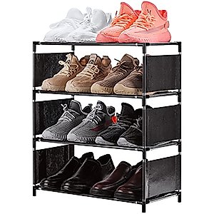 NiHome Stackable and Adjustable 4-Tier Shoe Rack, Lightweight Space-Saving Narrow Design for Small Spaces, Holds up to 8 Pairs, Ideal for Closet, Hallway, Entryway, Living Room, Bedroom (Black Fabric)