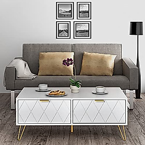 Scurrty 39.4'' Coffee Table with Large Drawers & 2 Open Storage Shelves, White Modern Coffee Tables with Gold Metal Handles for Living Room, Bedroom and Study (White)