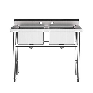 Bonnlo Commercial 304 Stainless Steel Sink 2 Compartment Free Standing Utility Sink for Garage, Restaurant, Kitchen, Laundry Room, Outdoor, 35.8" W x 21.3" D x 40" H