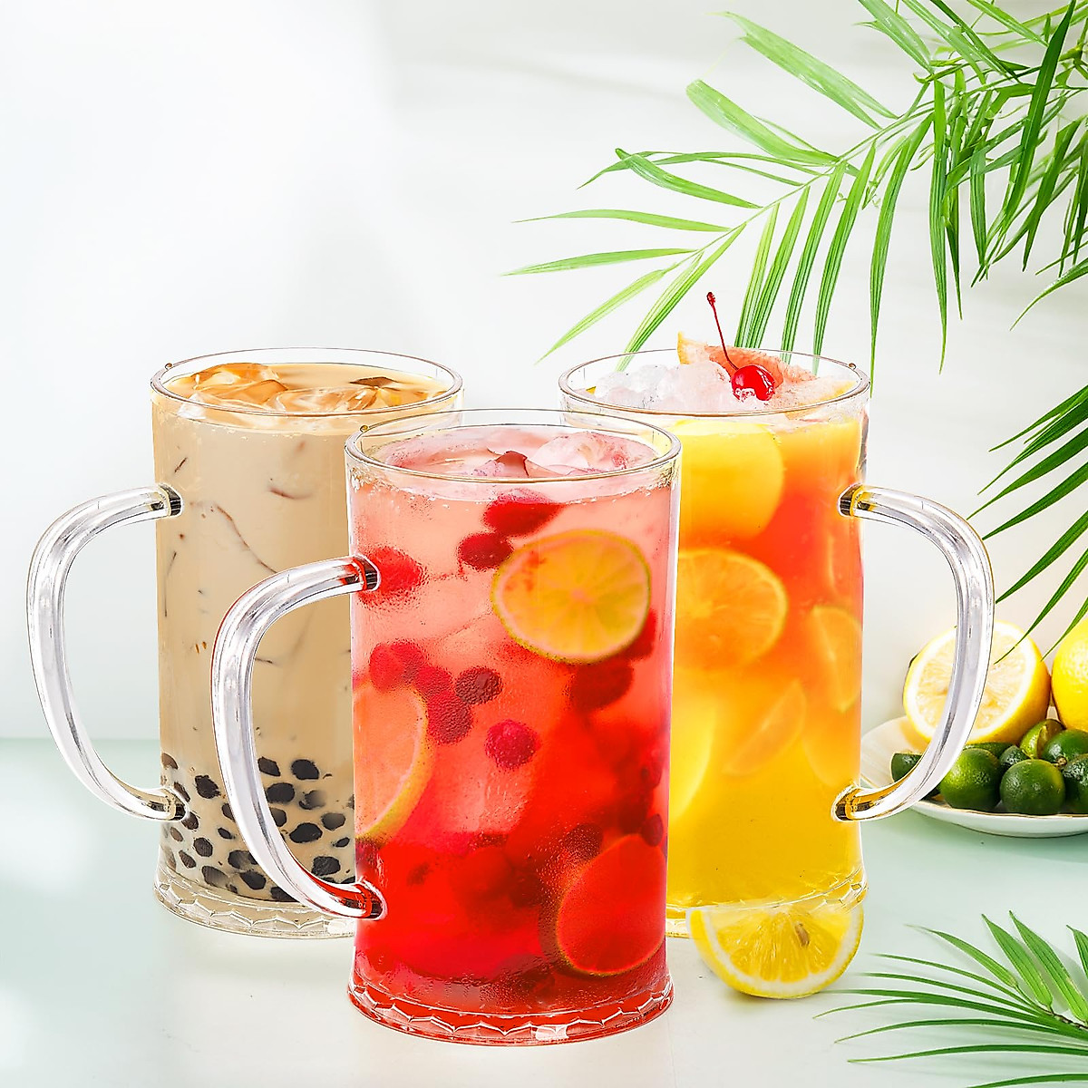 ZEAYEA Set of 6 Plastic Beer Mug, 16 oz Acrylic Beer Drinking Cups with Handle, Clear Reusable Beer Stein Glasses for Party Bar Home Hotel Whiskey Juice Cocktail Beverages