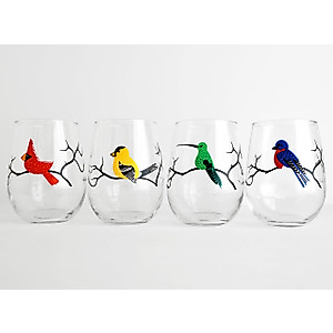 Stemless Wine Glass Set of 4 Birds - Silkscreened Glassware Collection - Bird Watching Gifts